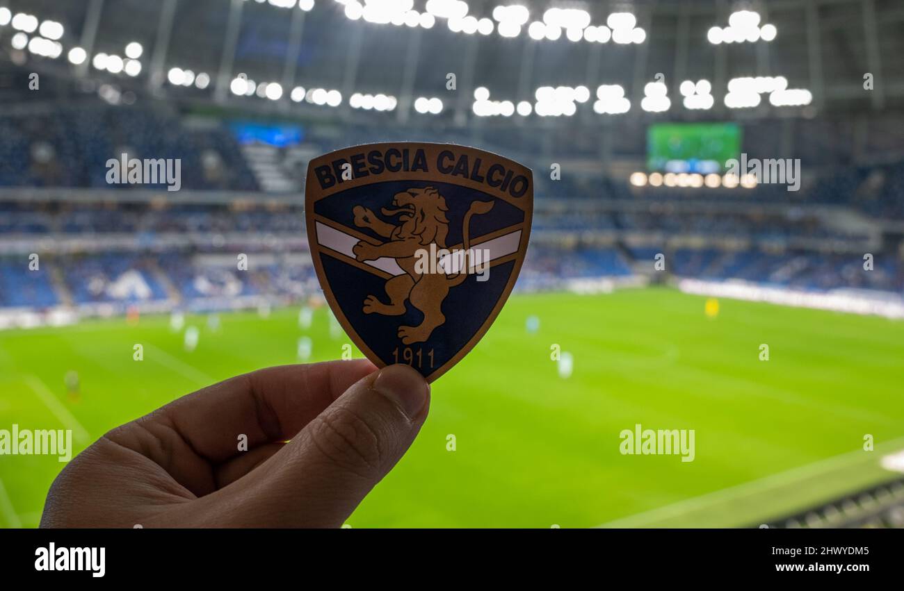 September 12, 2021, Brescia, Italy. The emblem of the football club ...