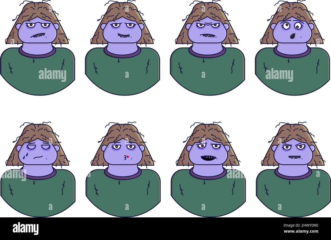 Zombie facial expressions. Cute girl with various emotions vector flat ...
