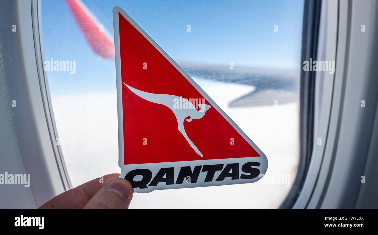 December 6, 2021, Sydney, Australia. The emblem of Qantas airlines on ...