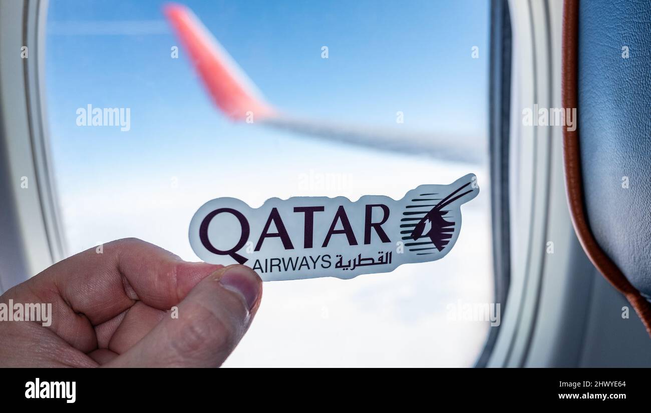 December 6, 2021, Doha, Qatar. The emblem of the airline Qatar Airways ...