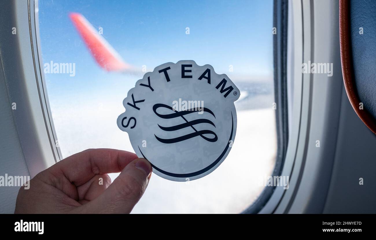 December 6, 2021, Amsterdam, the Netherlands. The emblem of the SkyTeam ...