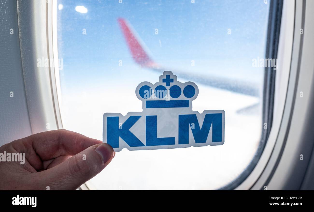 December 6, 2021, Amsterdam, the Netherlands. The emblem of the airline ...