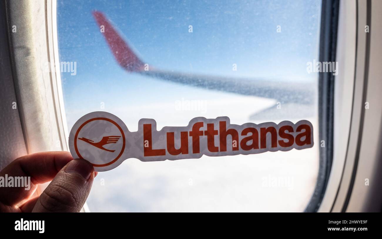 December 6, 2021, Munich, Germany. The emblem of the airline Lufthansa ...