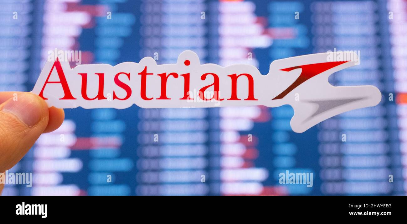 December 11, 2021, Vienna, Austria. The emblem of Austrian Airlines ...