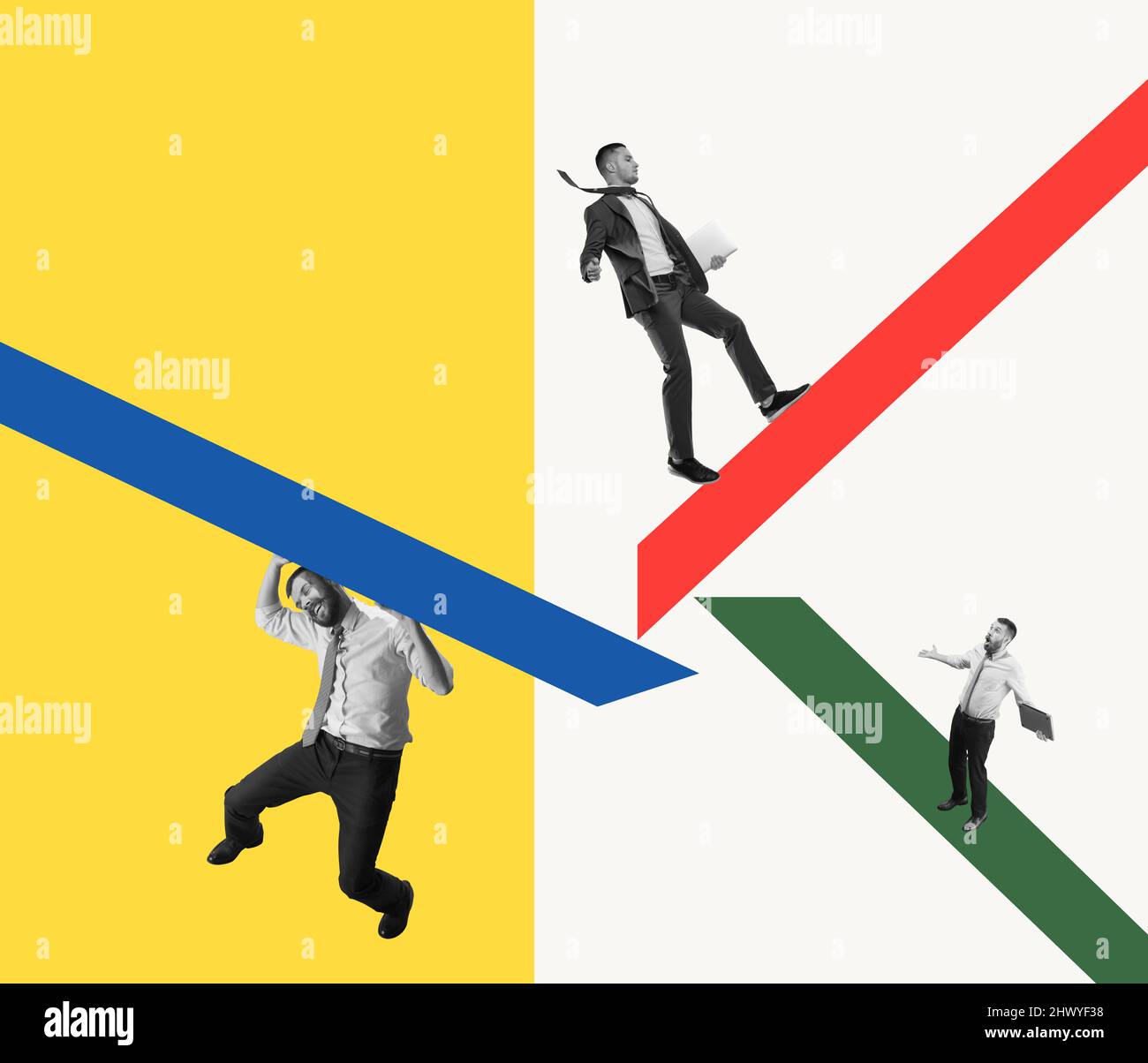 Contemporary art collage. Business people, employees having own working ...