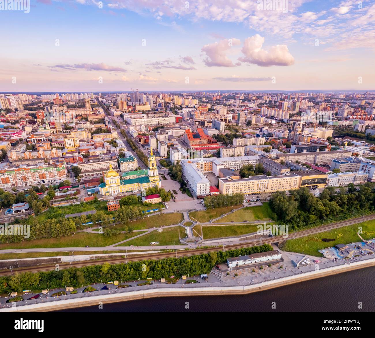 Aerial top view panorama city Perm and central embankment of Kama river ...