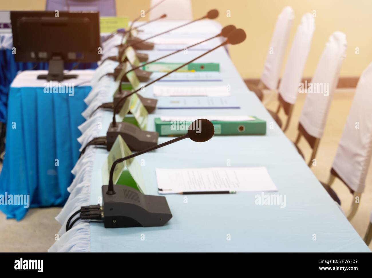 meeting room and desktop microphone file on table in office workshop ...