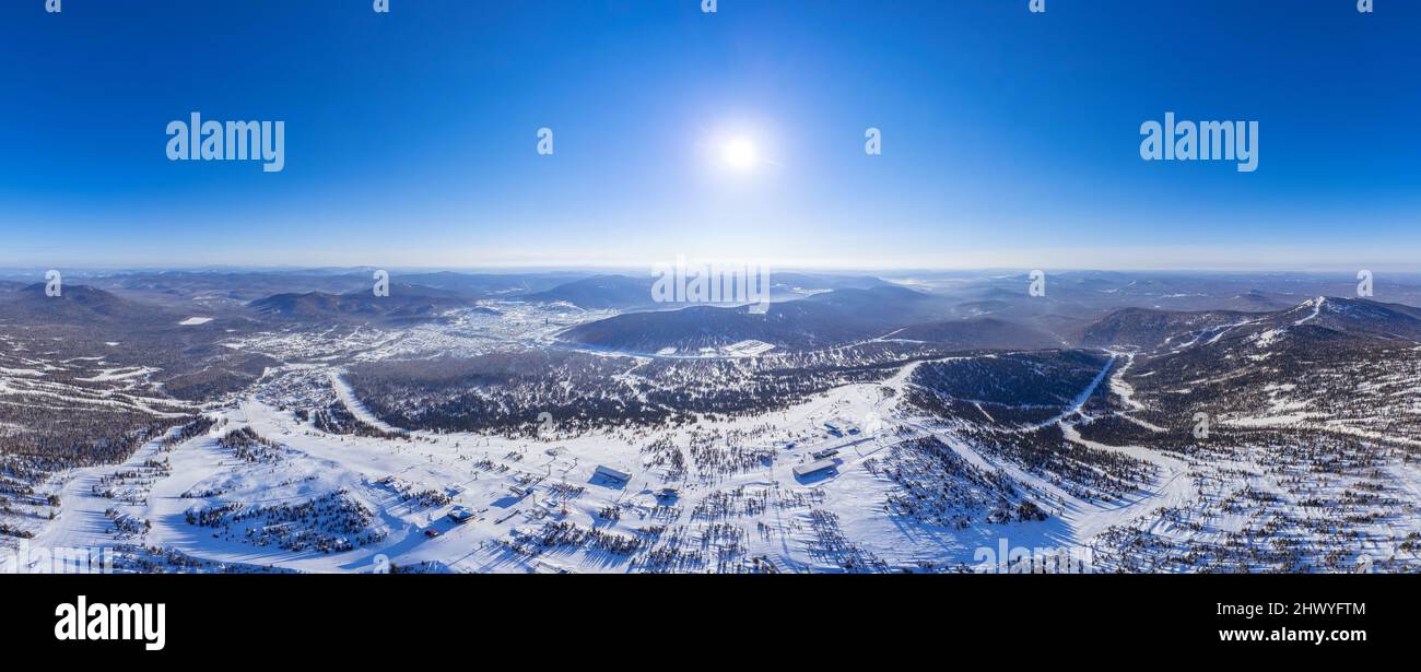 Aerial top view Panorama Sheregesh ski lift resort winter, mountain and ...