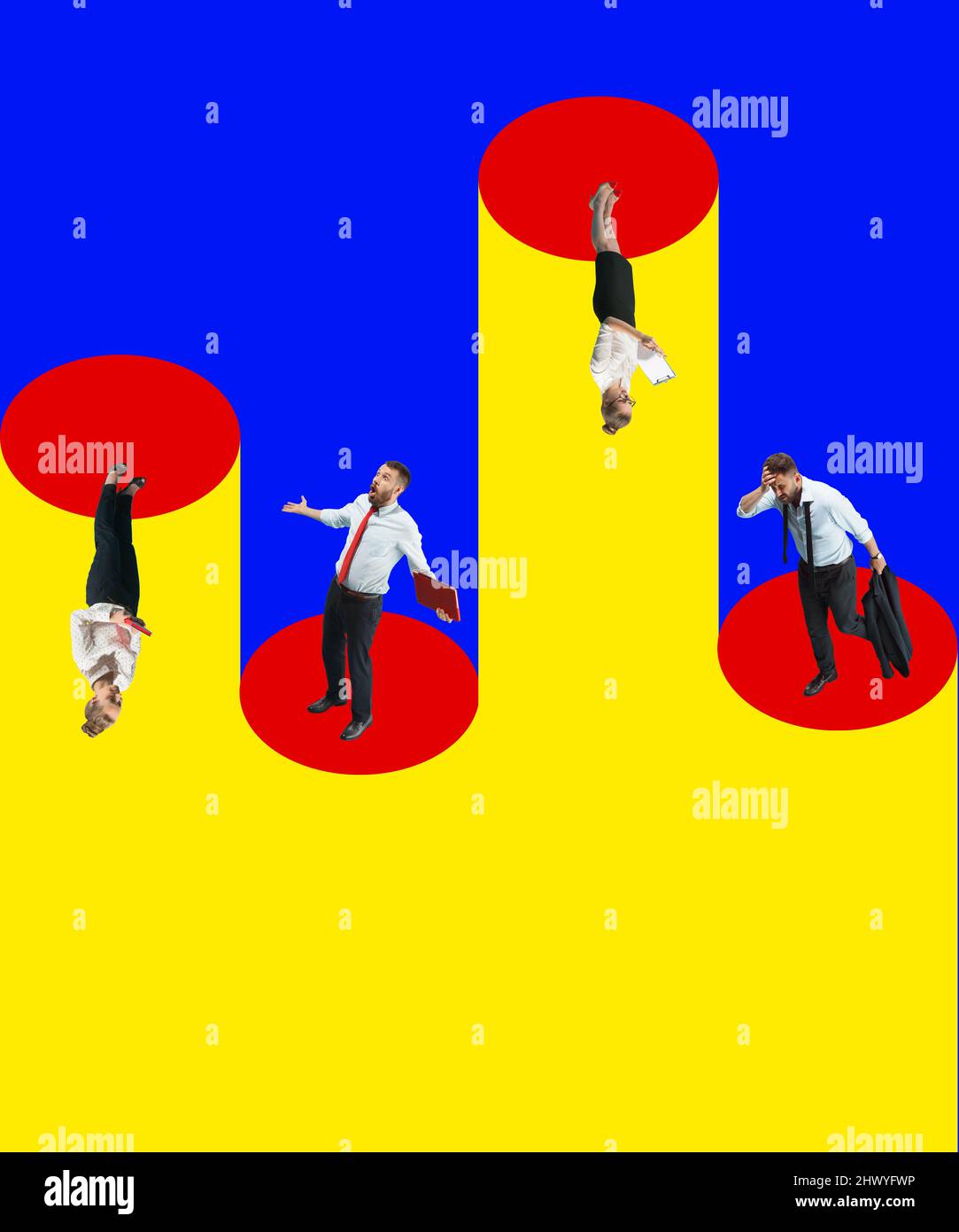 Contemporary art collage. Business people, employees during working day ...