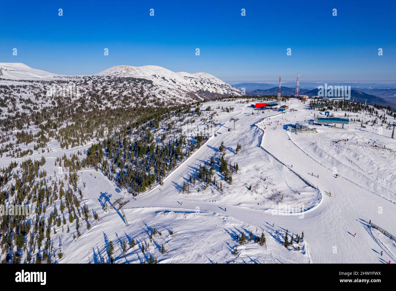 Sheregesh ski lift resort winter, landscape mountain and hotels, aerial ...