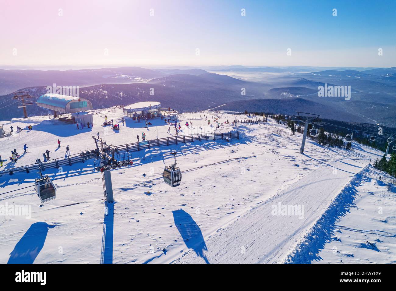 Aerial top view landscape Sheregesh ski lift resort winter, mountain ...