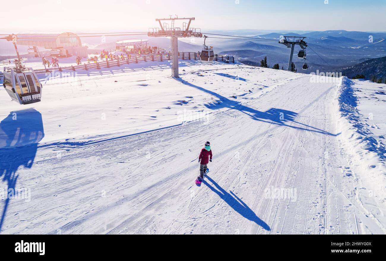 Sheregesh ski lift resort winter, landscape mountain and hotels, aerial ...