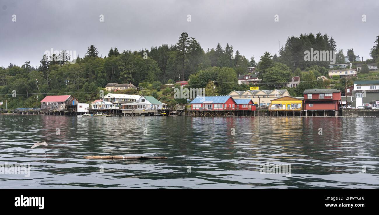 Buildings along the shoreline of Cormorant Island, Johnstone Strait ...