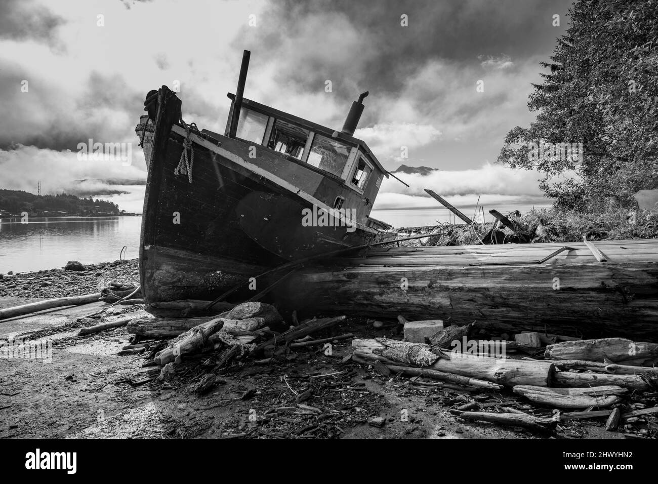 Boat stranded ashore on Alert Bay, Cormorant Island, Johnstone Strait ...