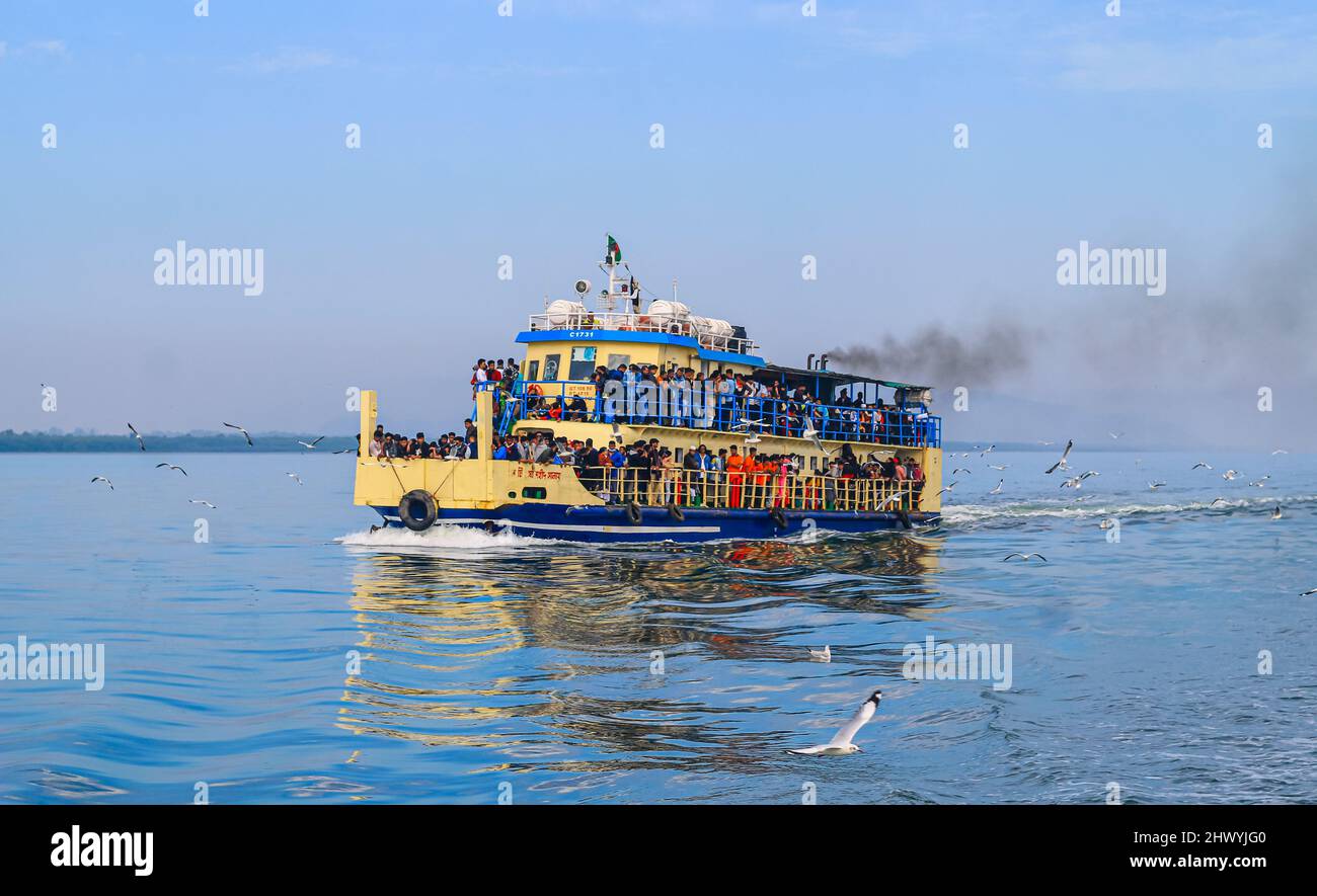Small tourist ship with passengers. Beautiful seascape with a tourist ...