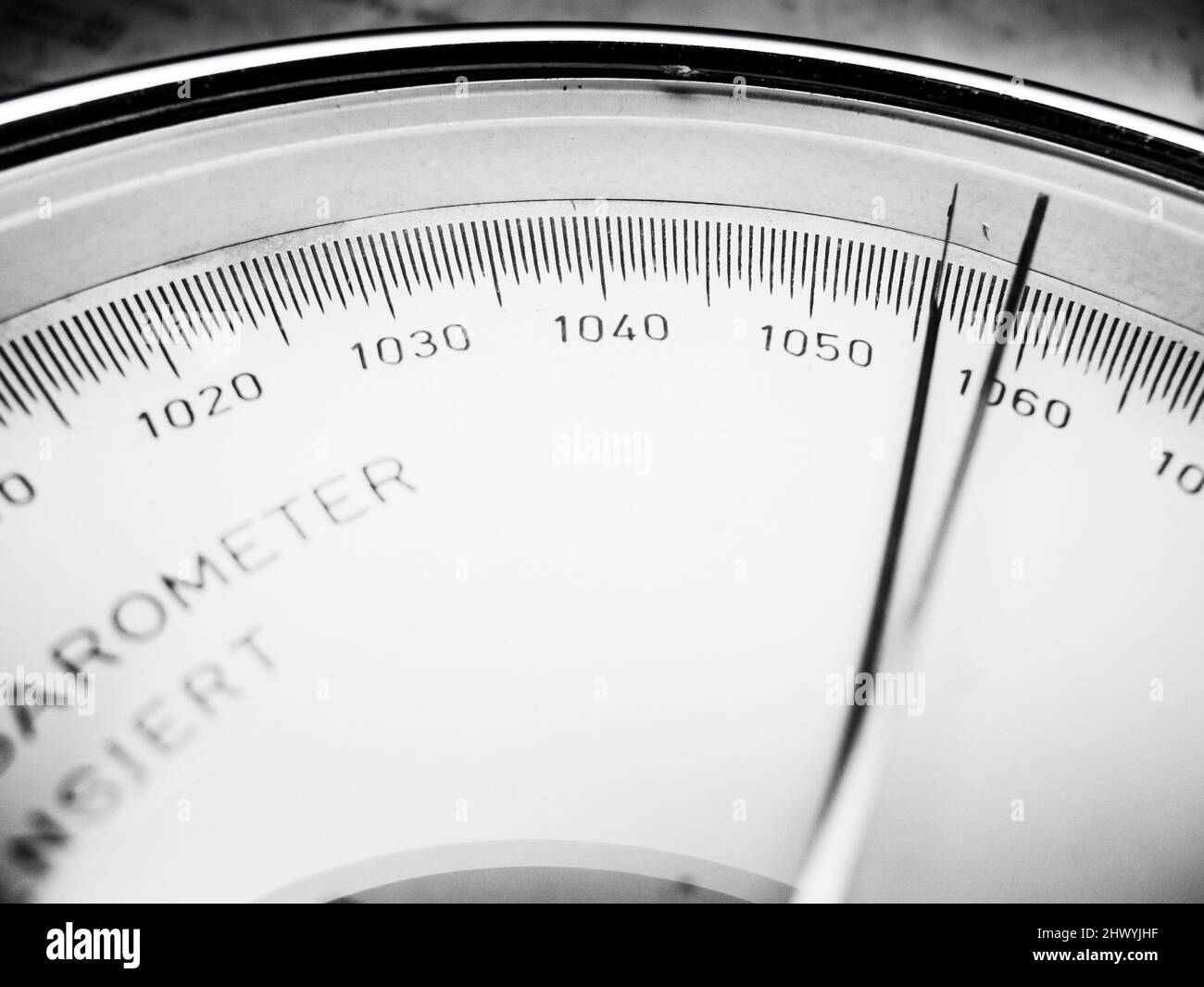 Close-up view of the scale with the pointer on the right of an analogue ...