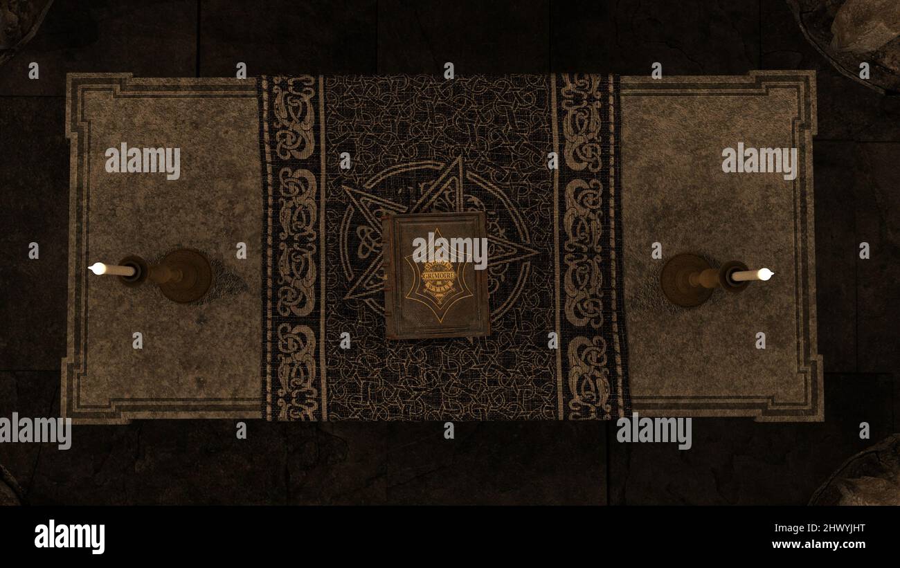 A horror style gothic chapel with an altar. Illuminated by candlelight ...