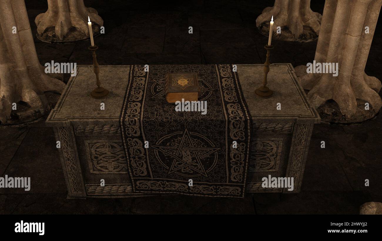 A horror style gothic chapel with an altar. Illuminated by candlelight ...