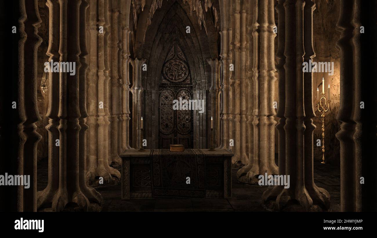 A horror style gothic chapel with an altar. Illuminated by candlelight ...