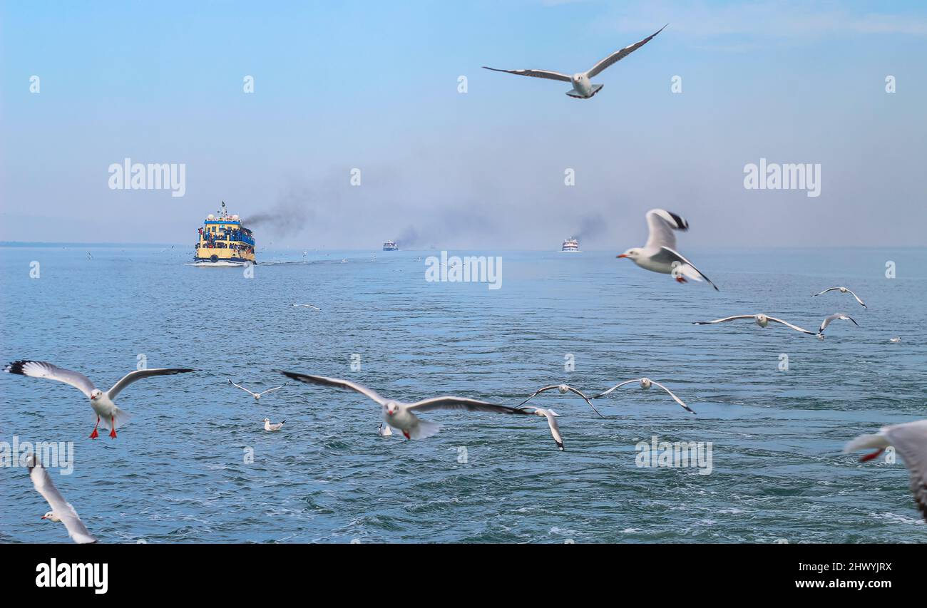 Small tourist ship with passengers. Beautiful seascape with a tourist ...