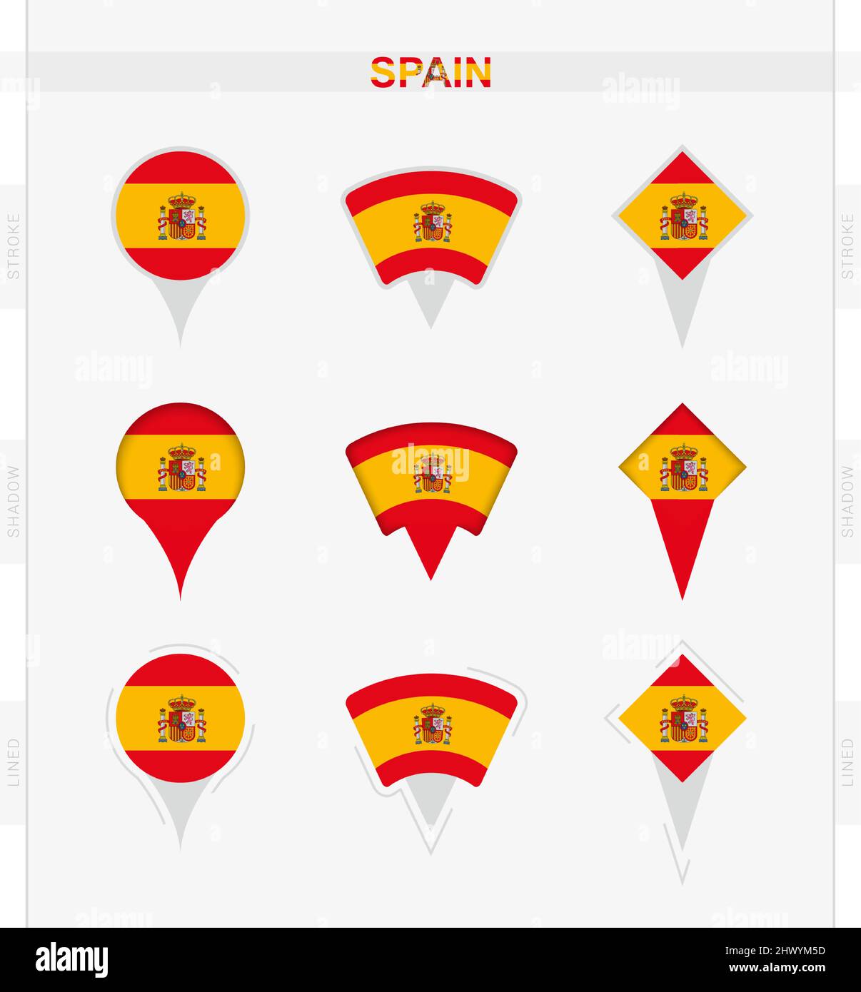 Spain flag, set of location pin icons of Spain flag. Vector ...