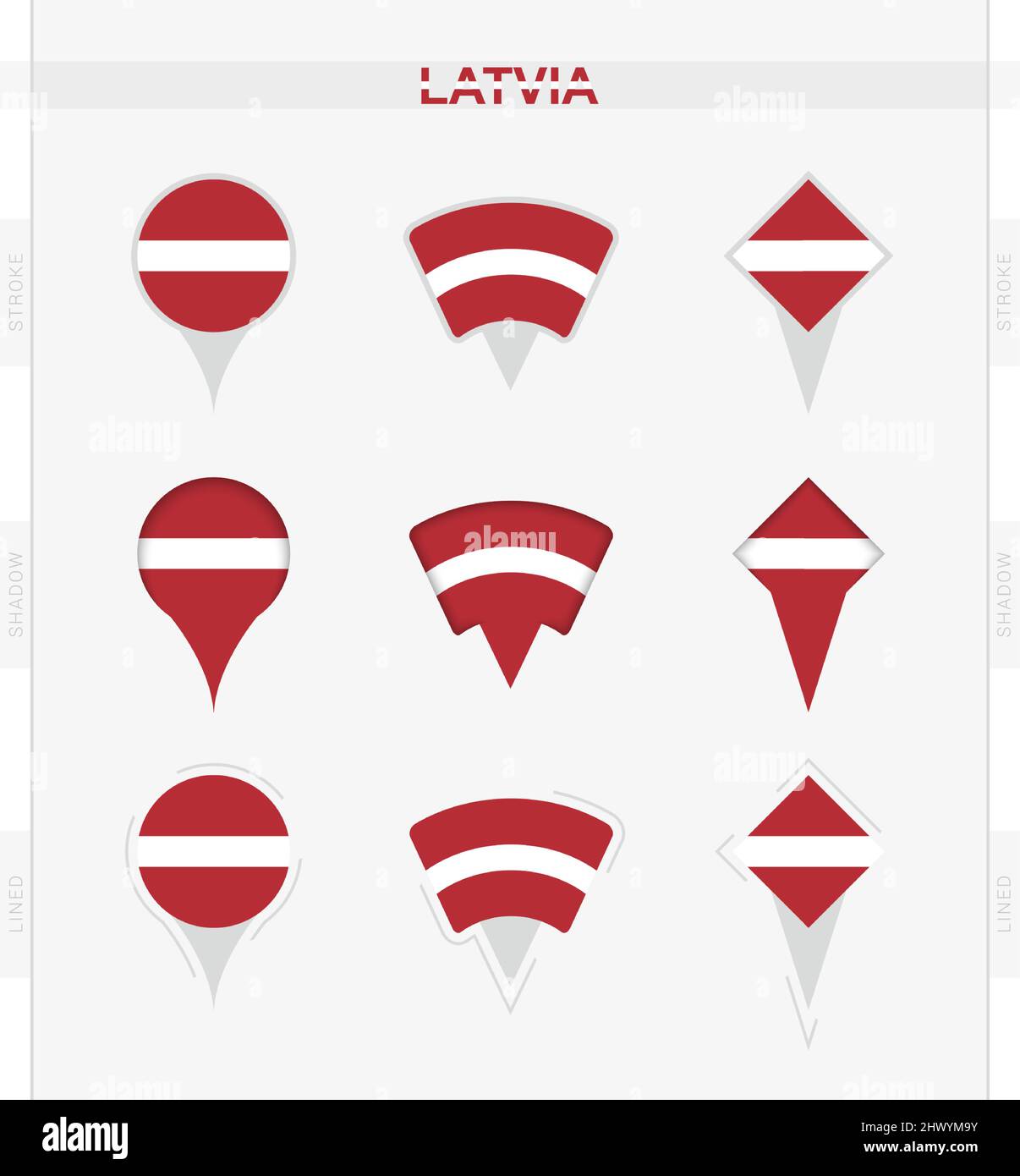 Latvia flag, set of location pin icons of Latvia flag. Vector ...