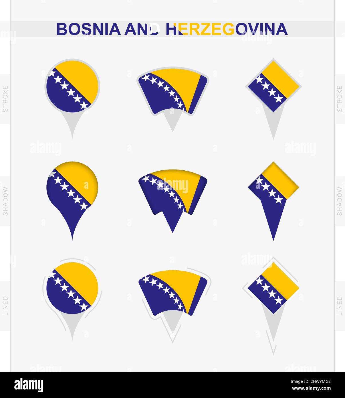 Bosnia and Herzegovina flag, set of location pin icons of Bosnia and ...
