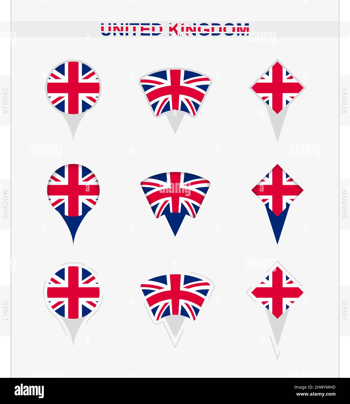United Kingdom flag, set of location pin icons of United Kingdom flag ...
