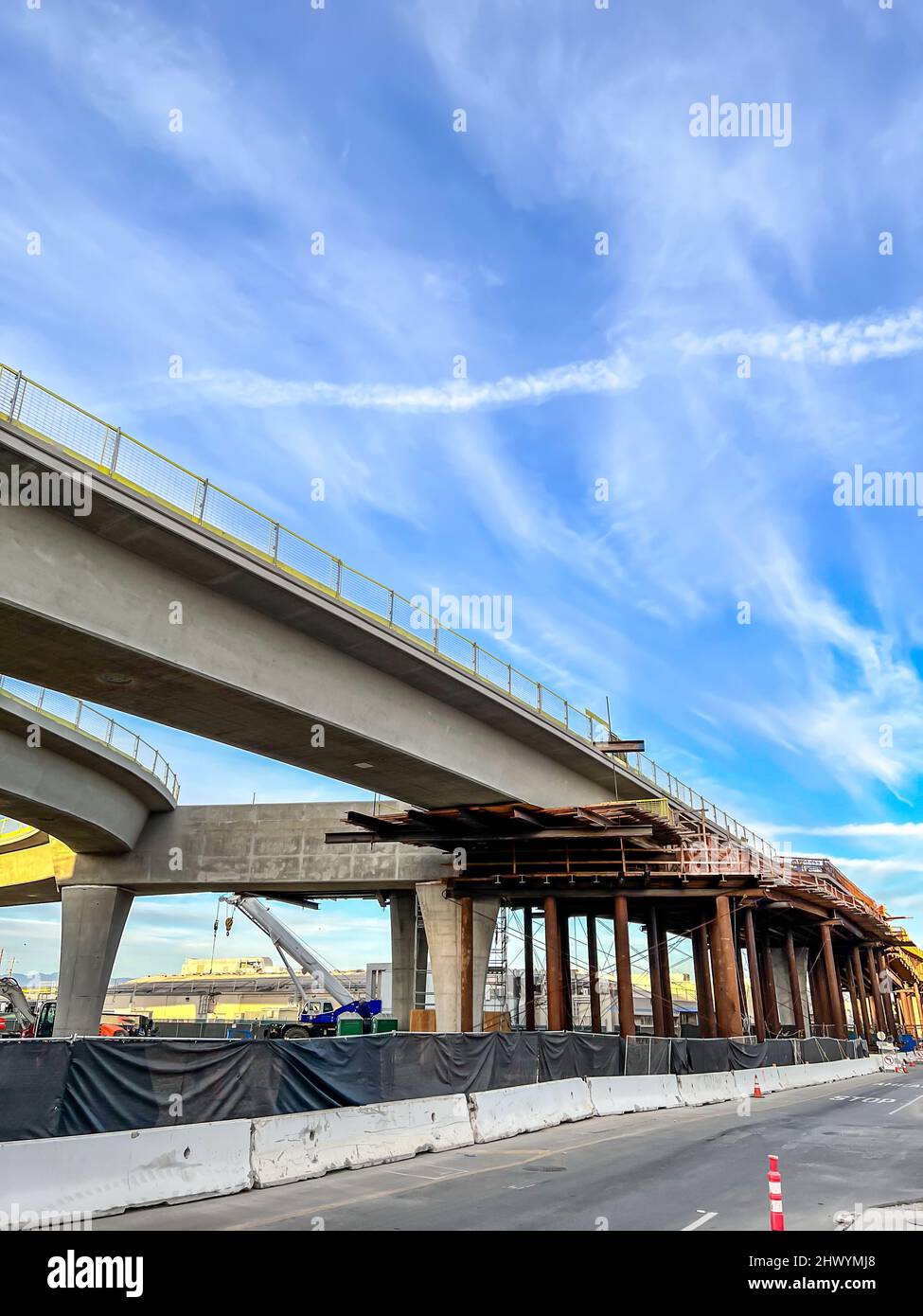 Bracing and support in place for a overhead freeway construction ...