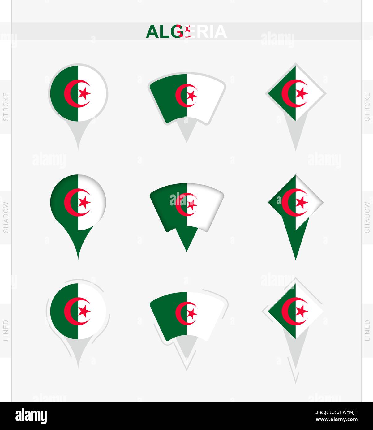 Algeria flag, set of location pin icons of Algeria flag. Vector ...