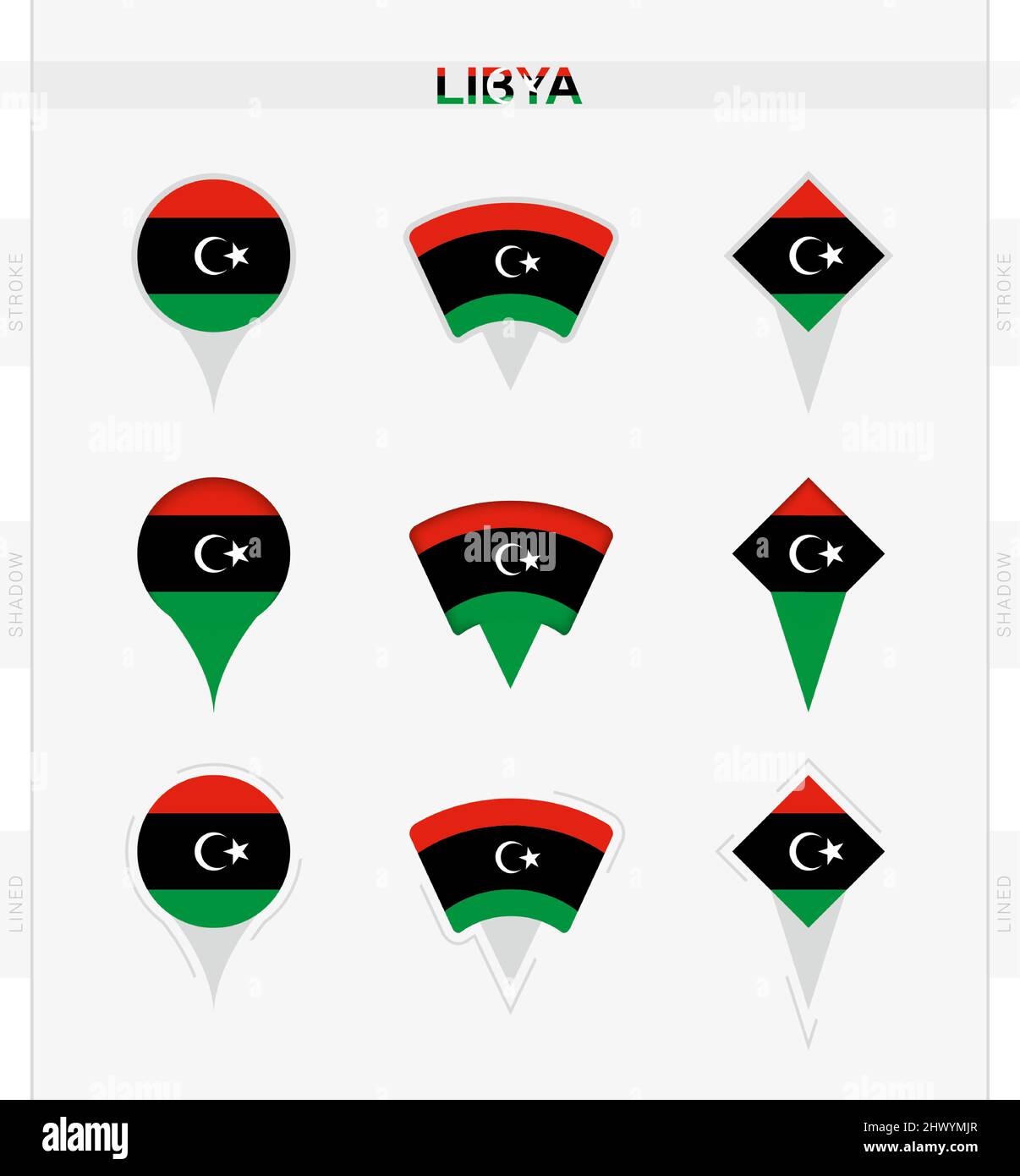 Libya flag, set of location pin icons of Libya flag. Vector ...