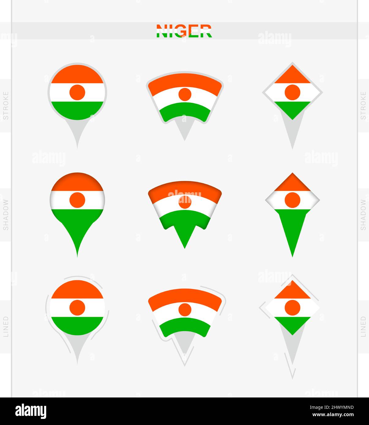 Niger flag, set of location pin icons of Niger flag. Vector ...