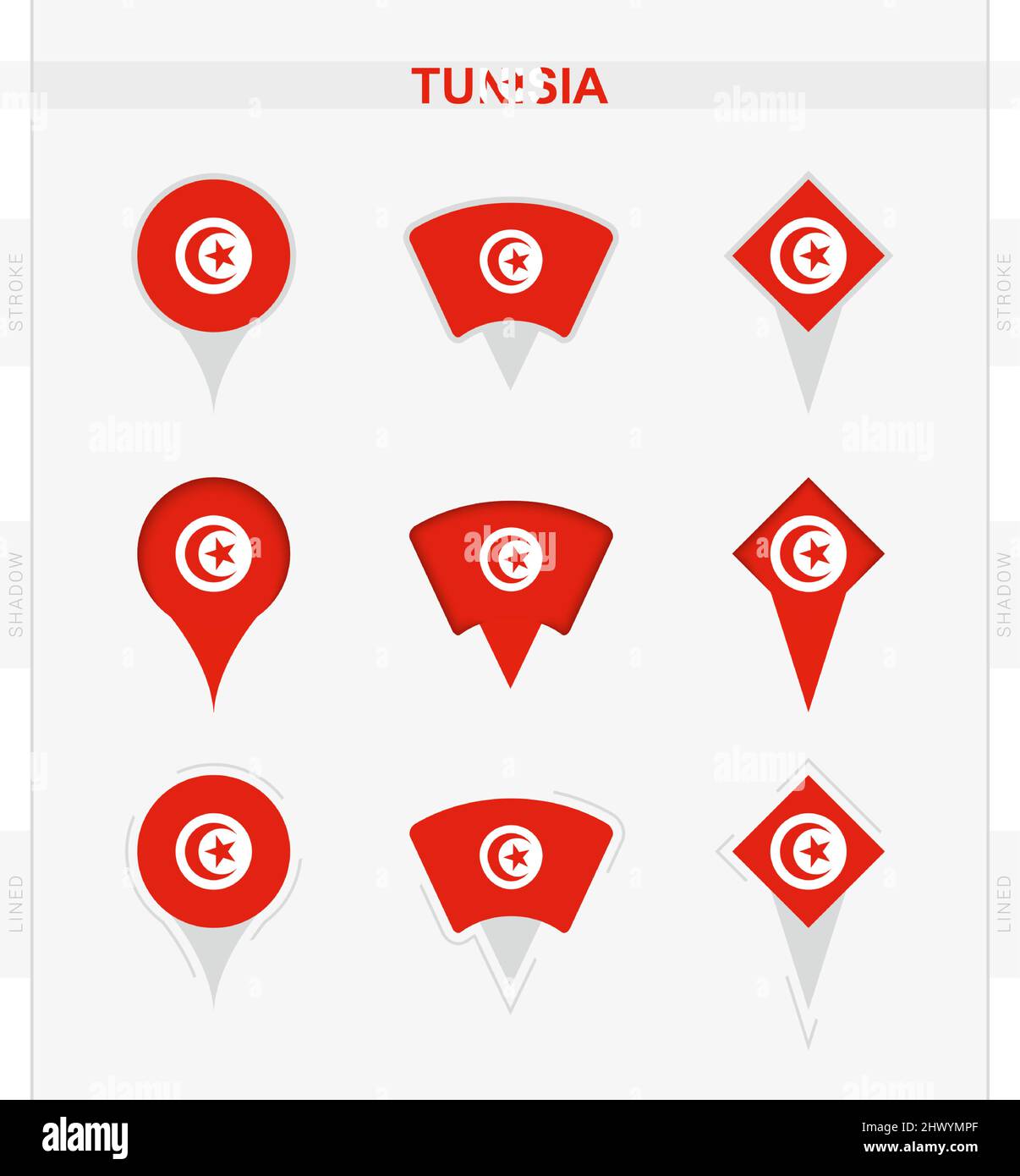 Tunisia flag, set of location pin icons of Tunisia flag. Vector ...