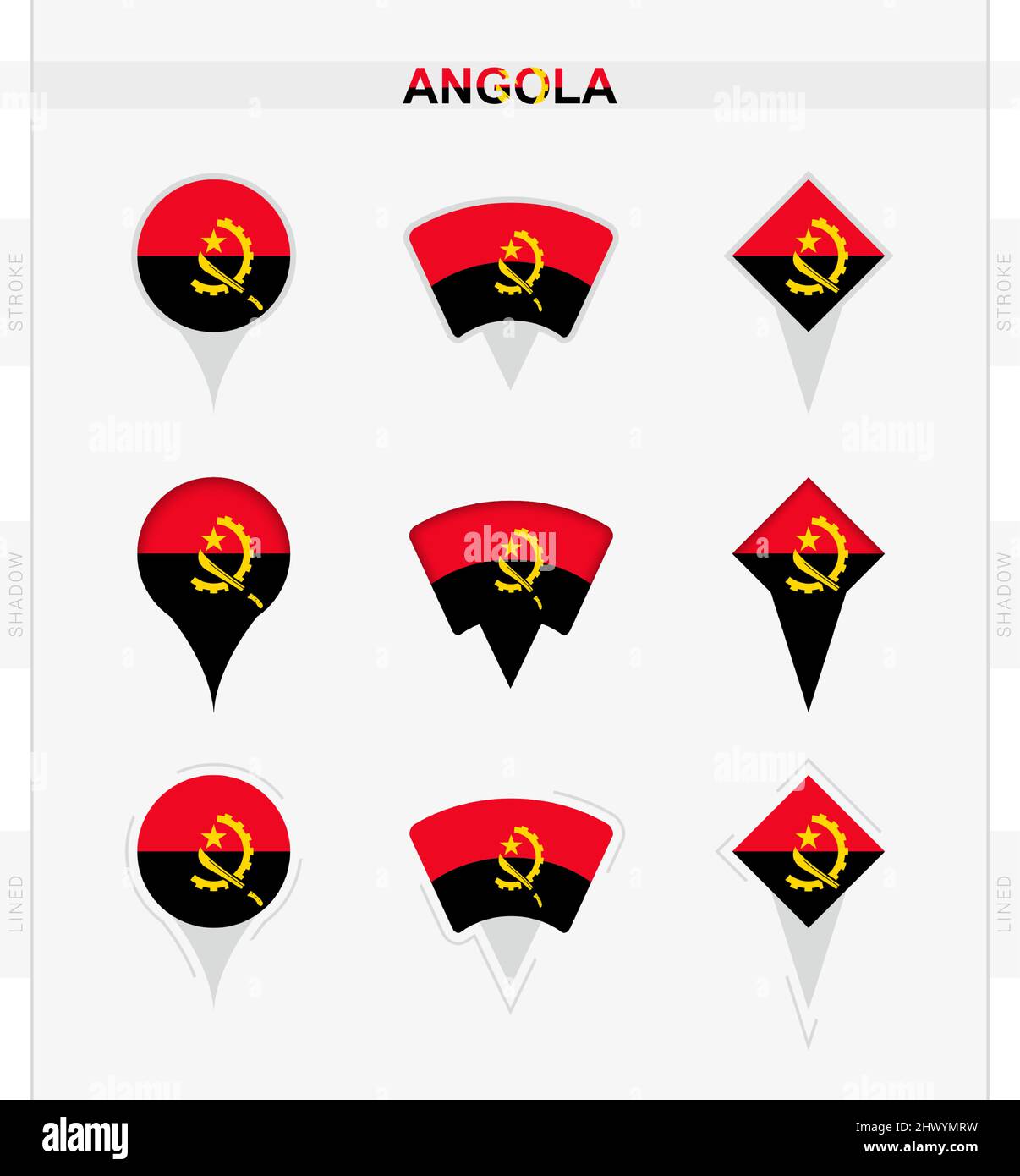 Angola flag, set of location pin icons of Angola flag. Vector ...