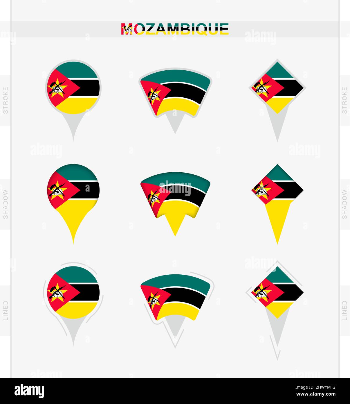 Mozambique flag, set of location pin icons of Mozambique flag. Vector ...