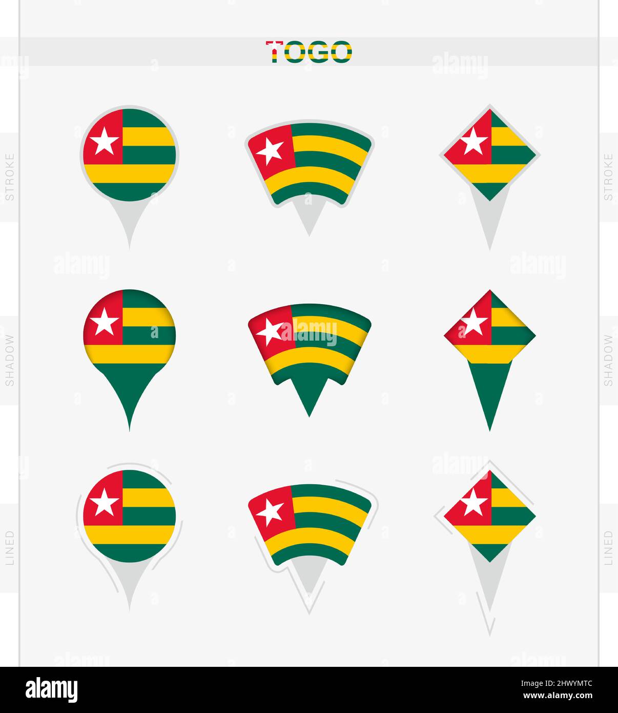 Togo flag, set of location pin icons of Togo flag. Vector illustration ...