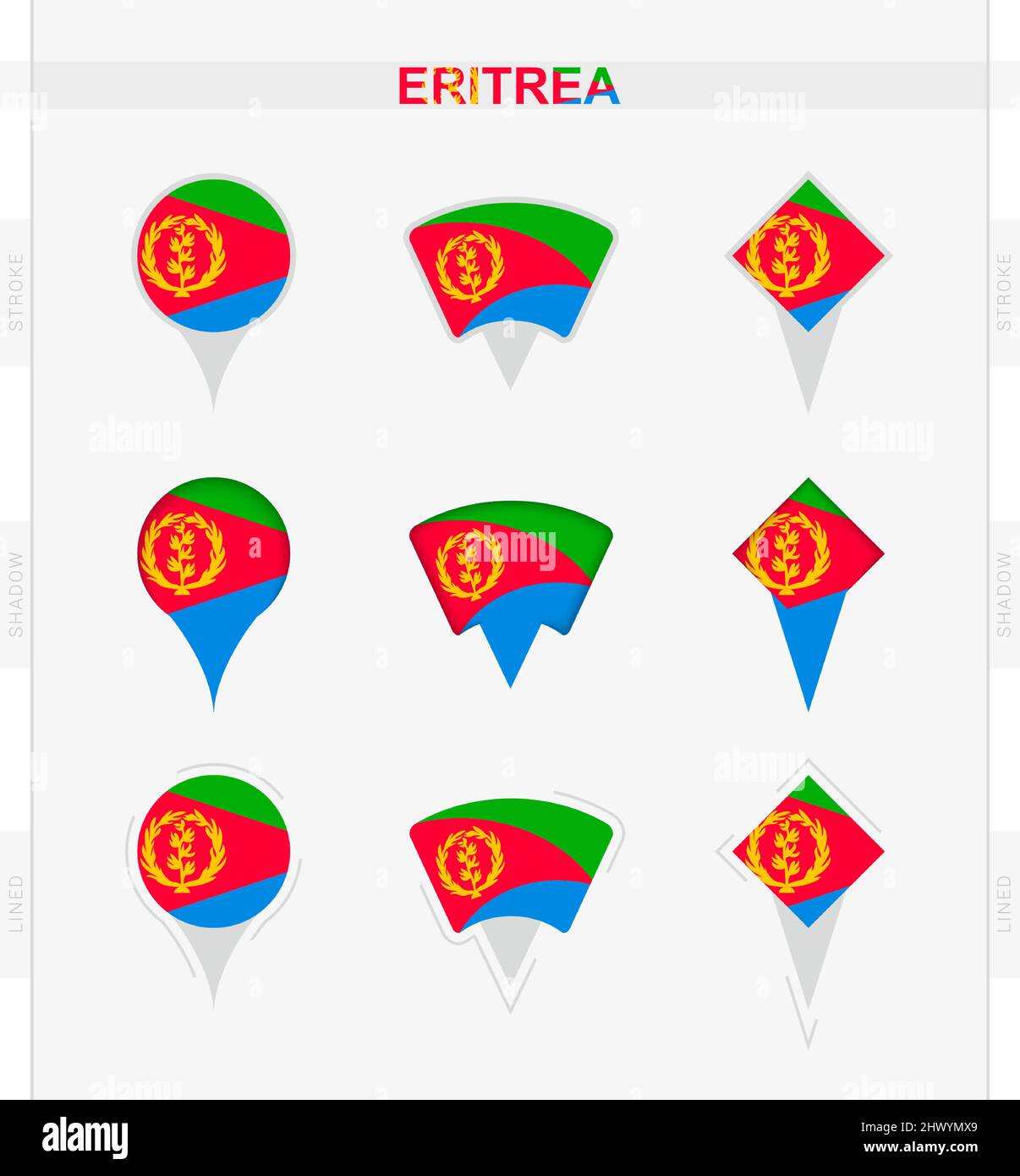 Eritrea flag, set of location pin icons of Eritrea flag. Vector illustration of national symbols ...