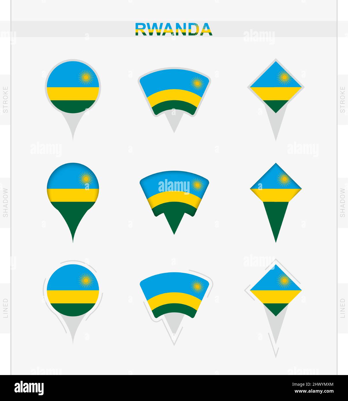 Rwanda flag, set of location pin icons of Rwanda flag. Vector illustration of national symbols ...