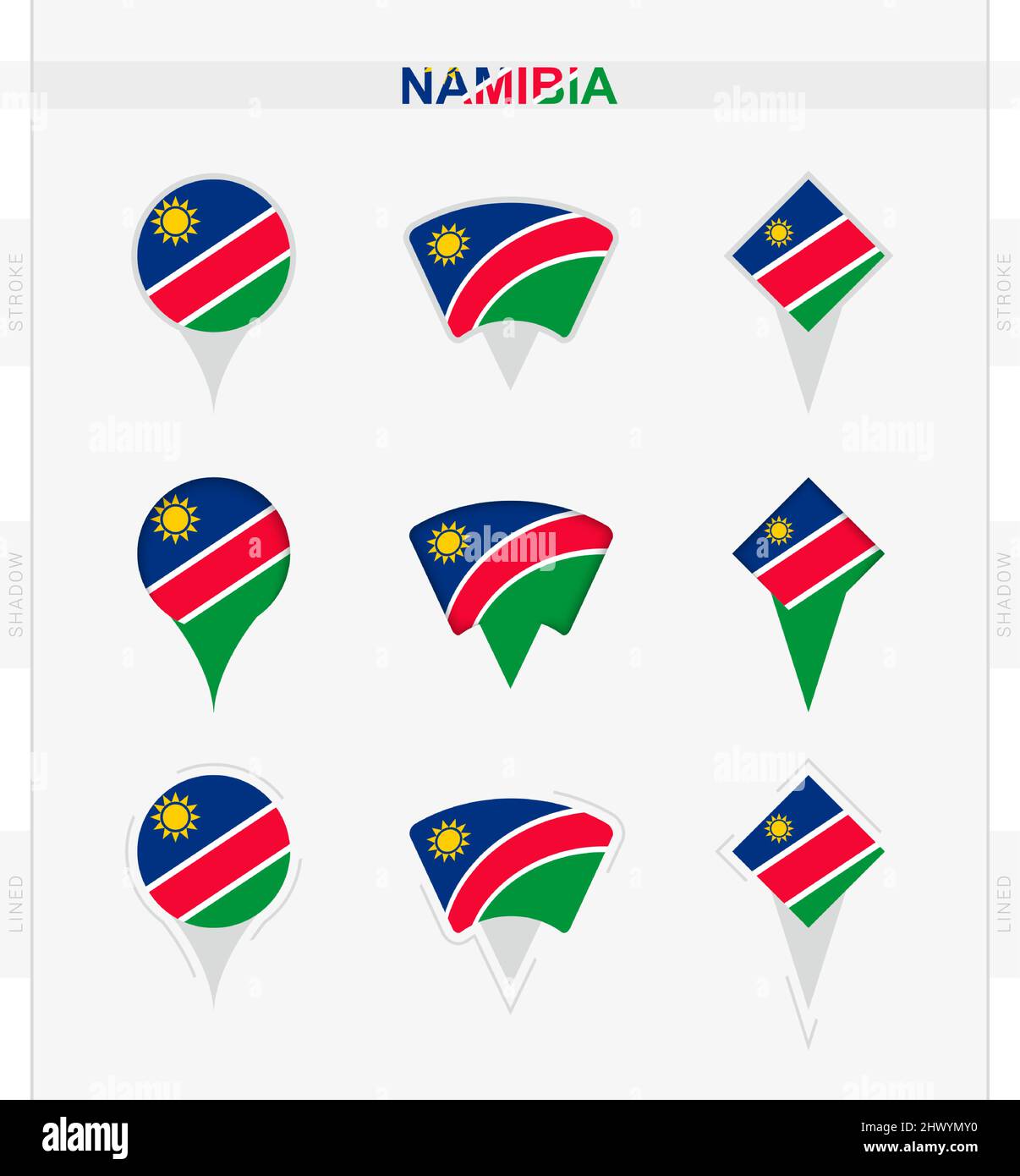 Namibia flag, set of location pin icons of Namibia flag. Vector ...