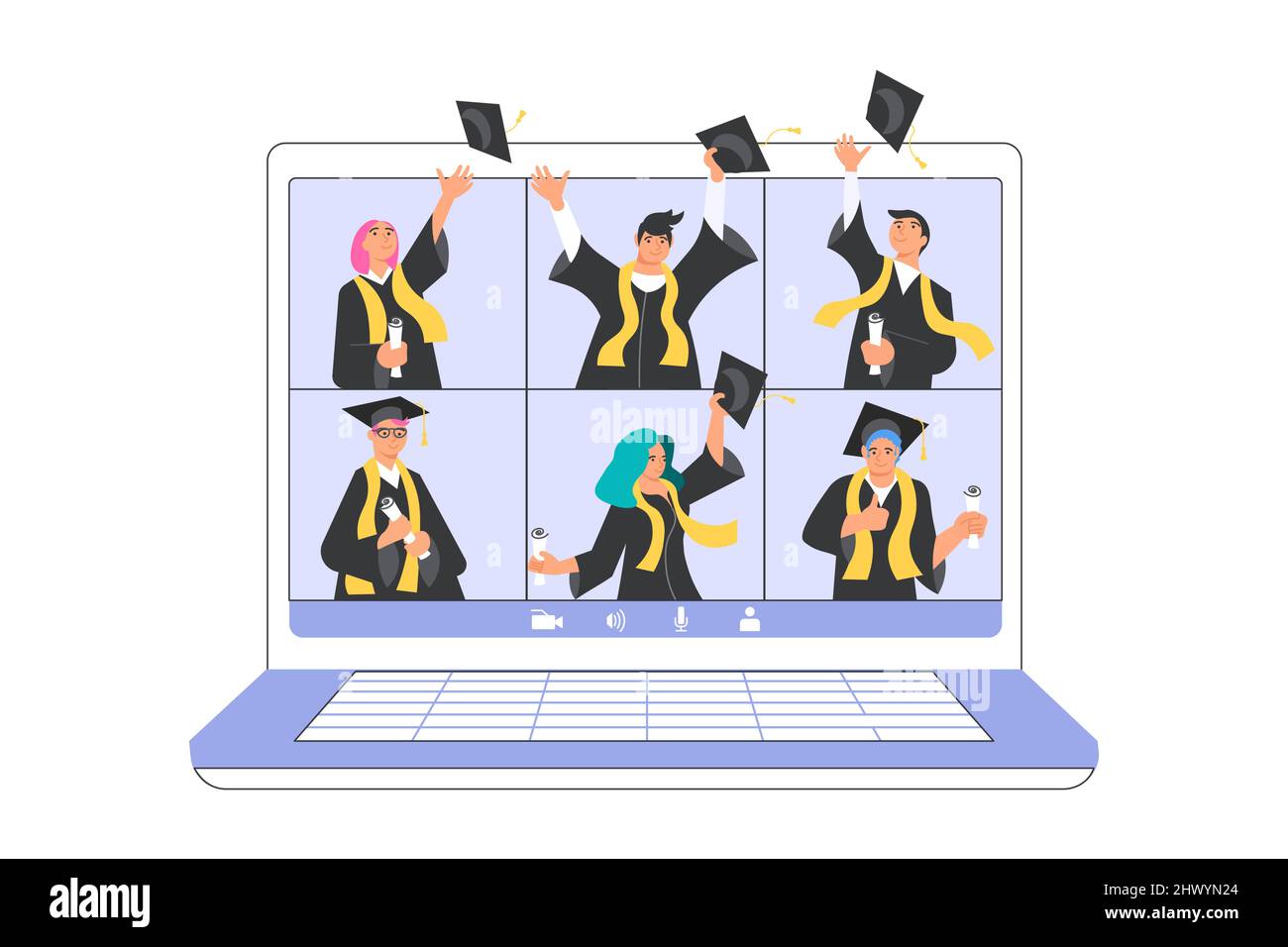 Laptop with students wearing academic gown and graduation cap Stock ...