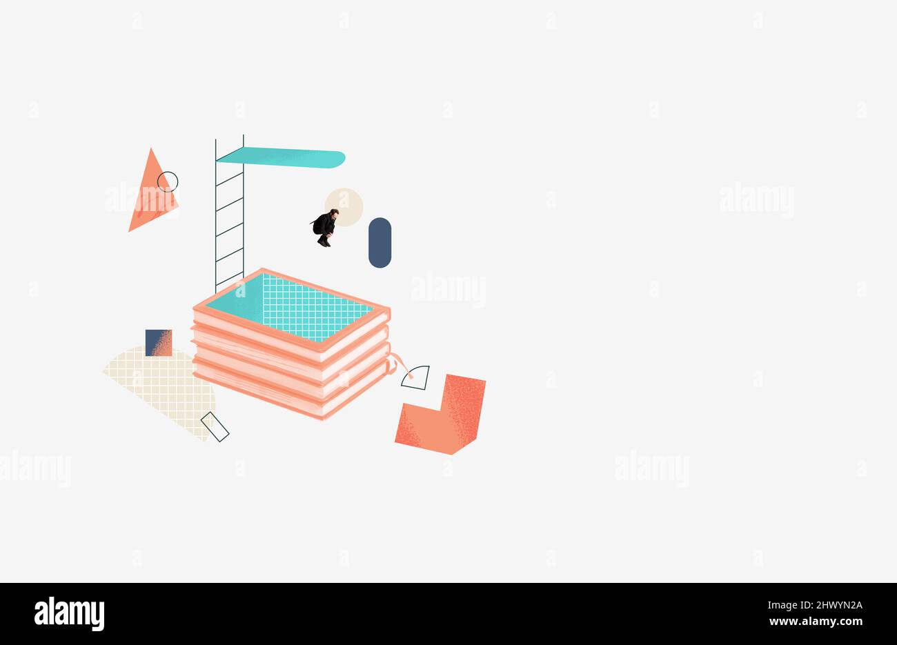 Contemporary art collage, Man jumping into books like in the pool ...