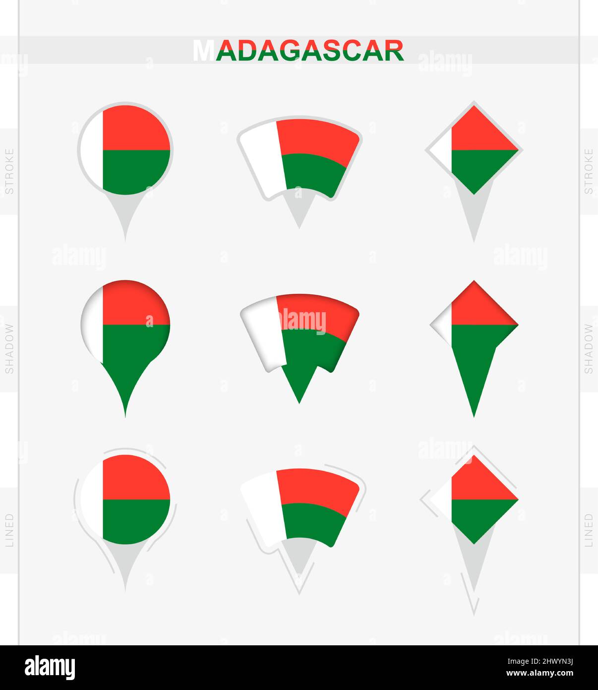 Madagascar flag, set of location pin icons of Madagascar flag. Vector ...