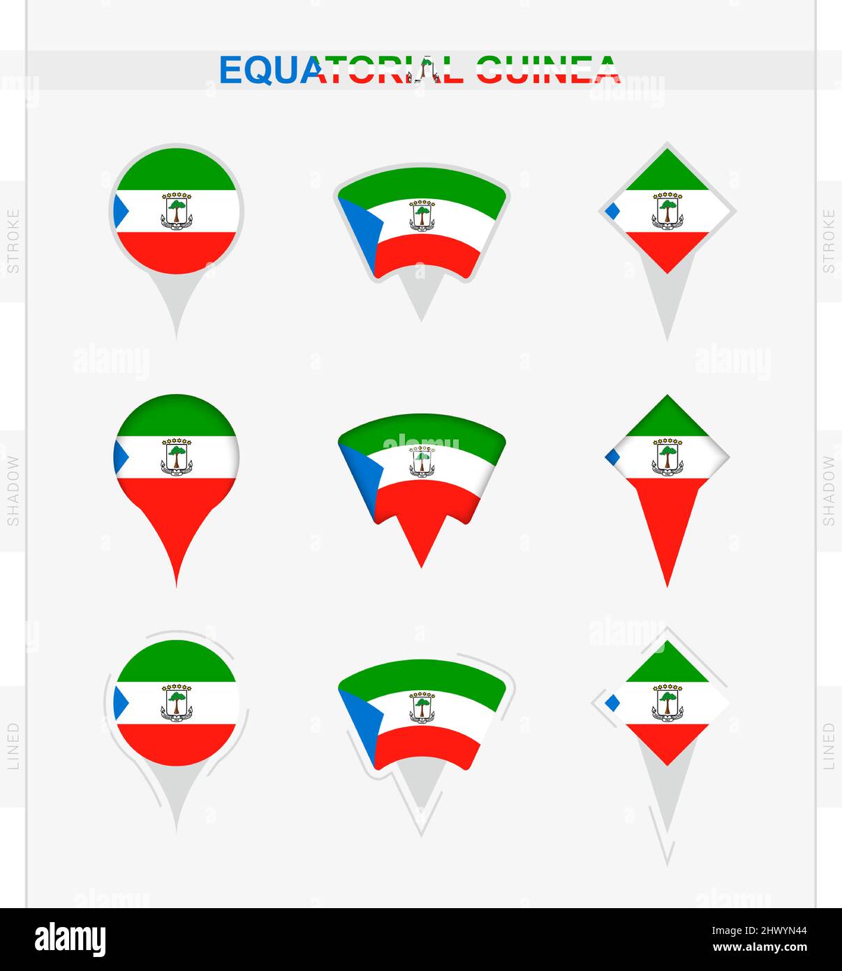 Equatorial Guinea flag, set of location pin icons of Equatorial Guinea ...
