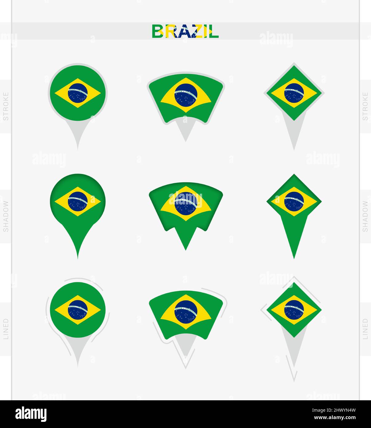 Brazil flag, set of location pin icons of Brazil flag. Vector ...