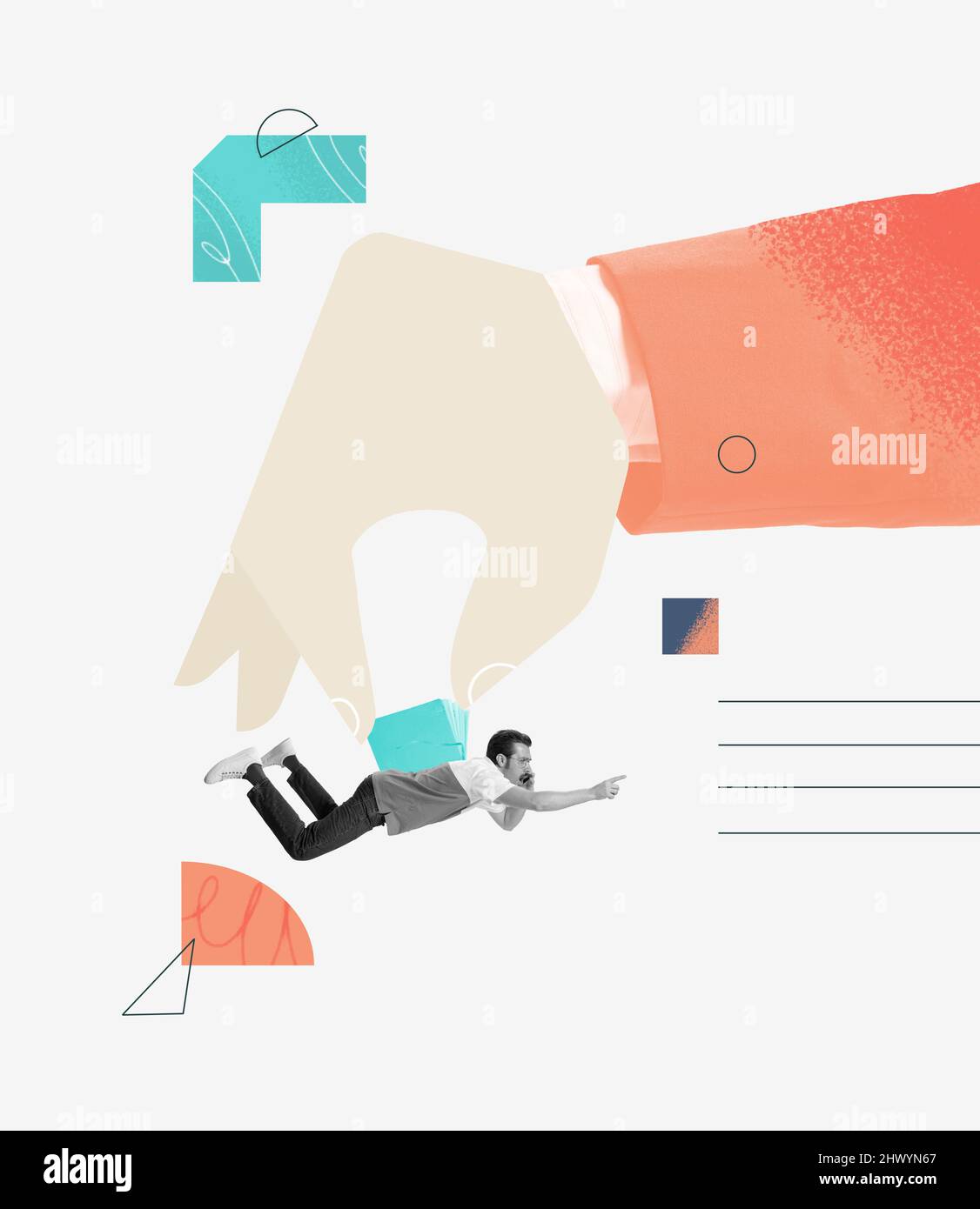 Contemporary art collage. Man talking on phone and levitating, flying ...