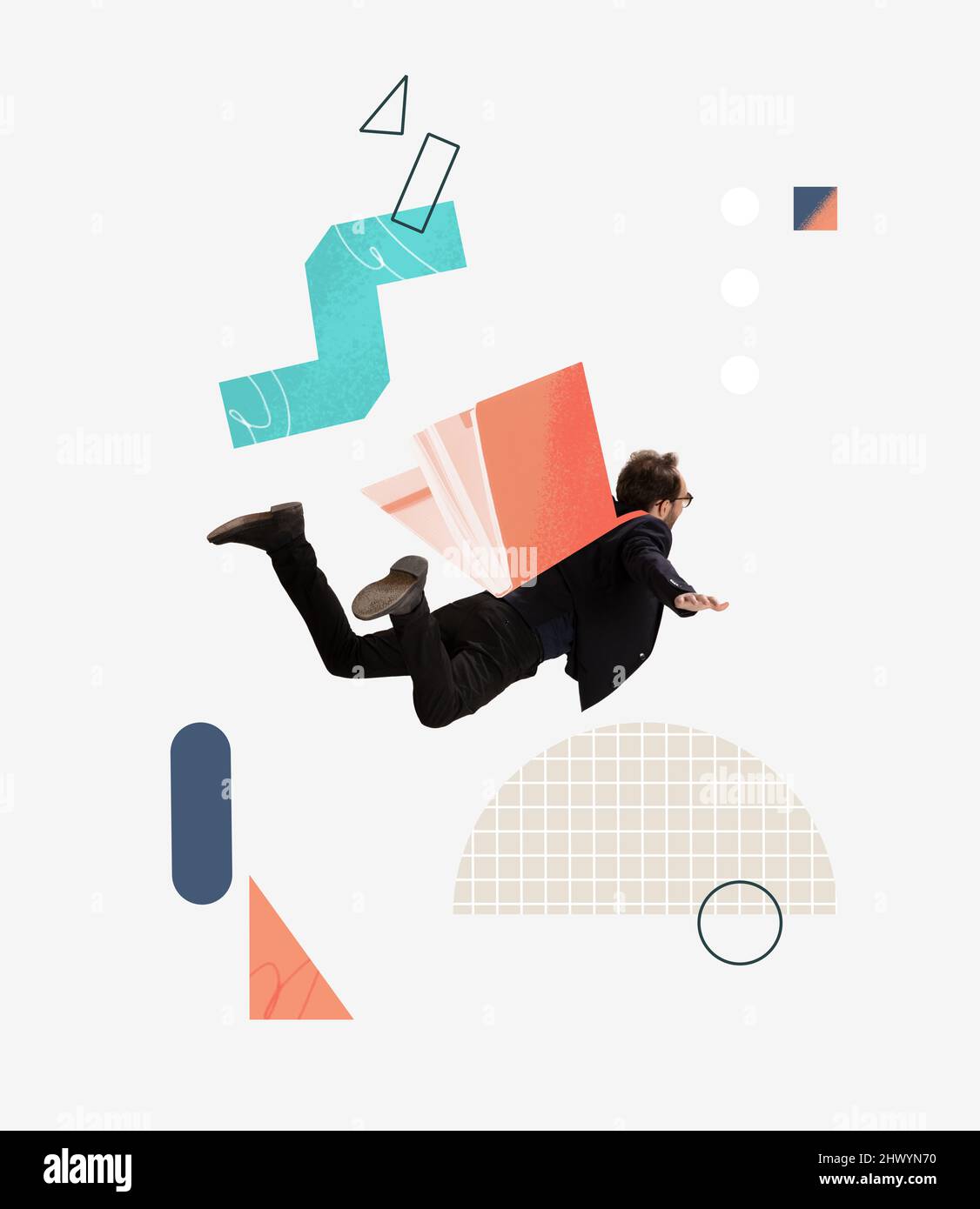 Contemporary art collage. Man flying with book symbolizing parachute ...