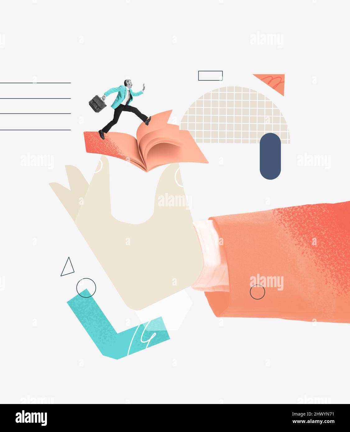 Contemporary art collage. Businessman running on open book symbolizing ...