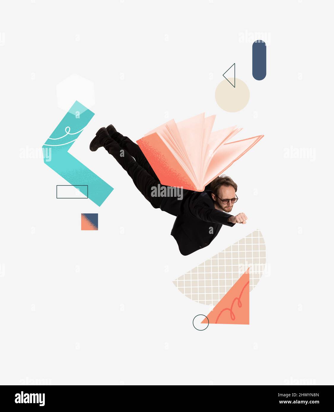 Contemporary art collage. Man flying like superhero with book ...