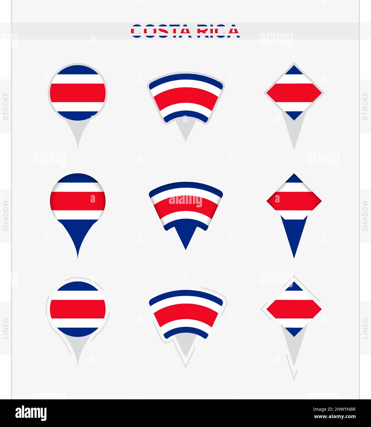 Costa Rica flag, set of location pin icons of Costa Rica flag. Vector ...