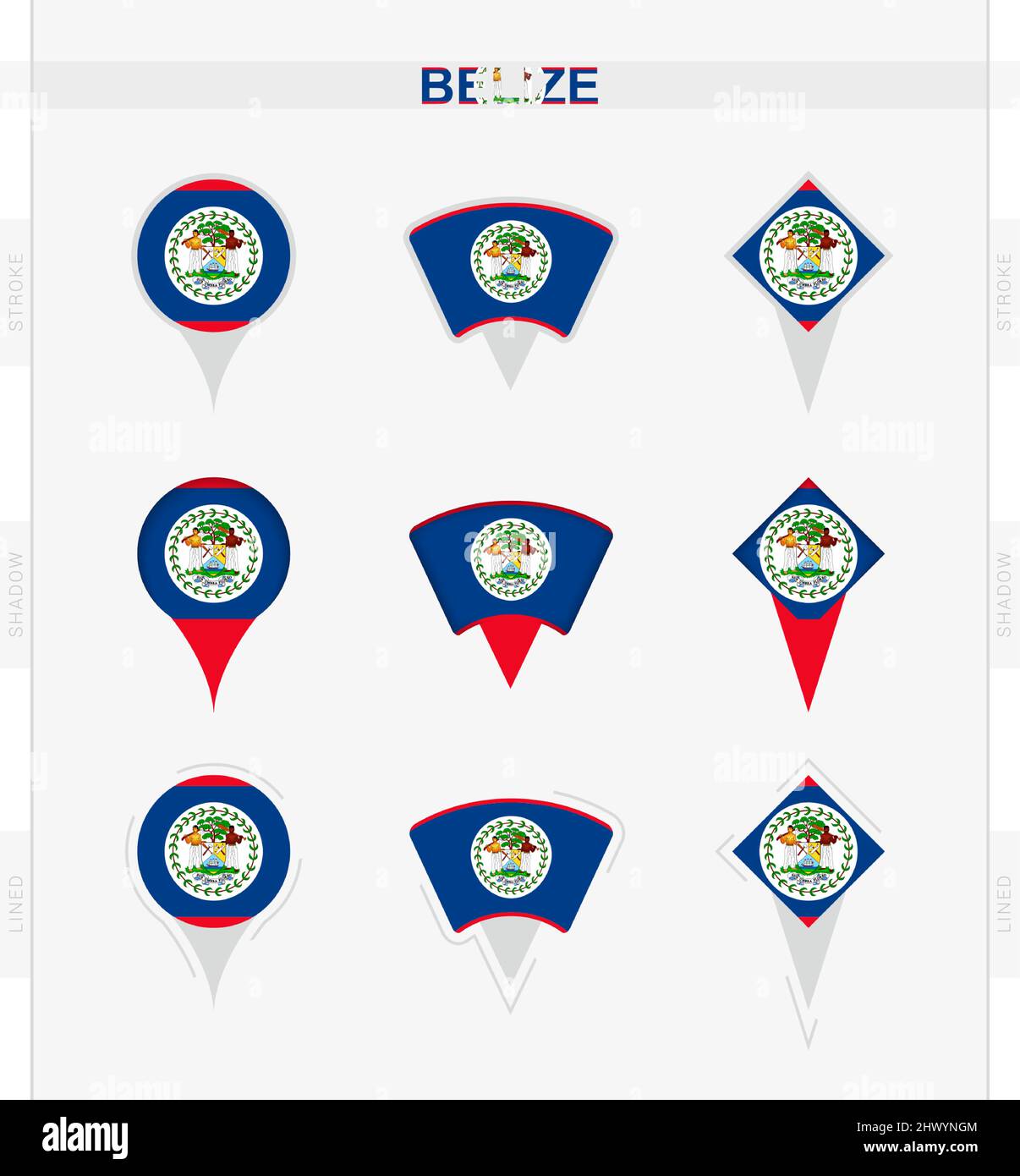 Belize flag, set of location pin icons of Belize flag. Vector ...